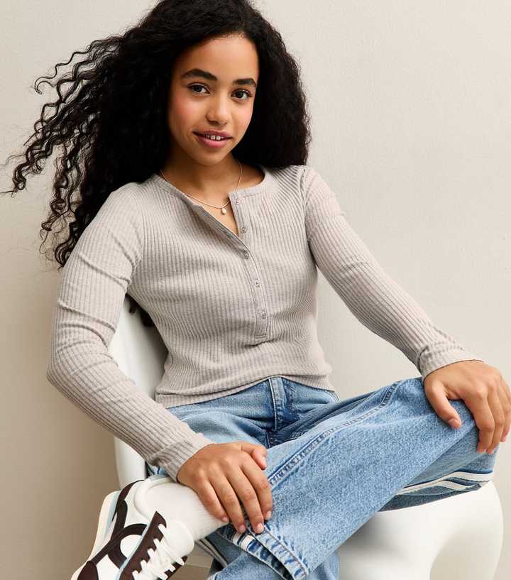 Girls Oatmeal Ribbed Button Front Long Sleeve Top | New Look