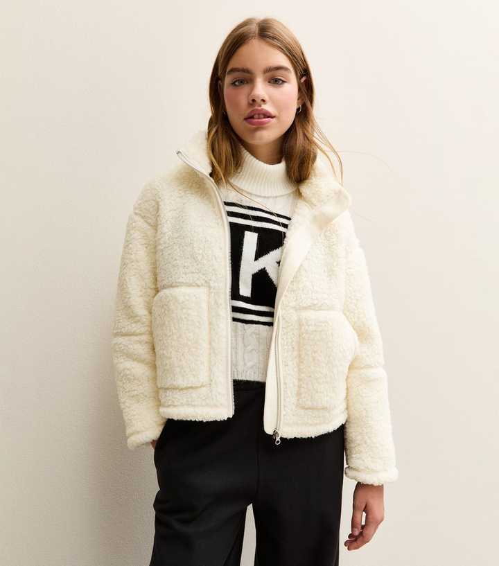 Girls Cream Fluffy Texture Zip Up Fleece Jacket | New Look