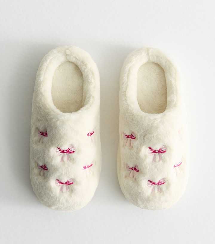 Off White Faux Fur Bow Embroidered Mule Slippers | New Look