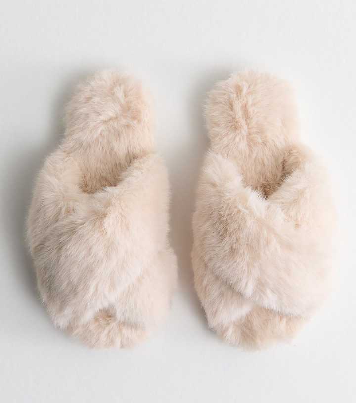 Off White Faux Fur Cross Slippers | New Look