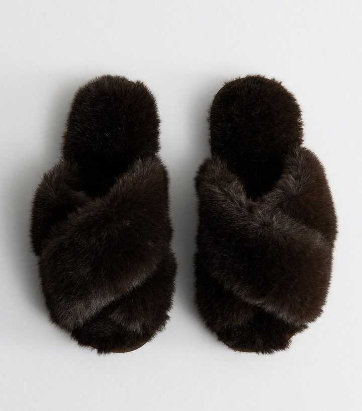 Brown Faux Fur Cross Slippers | New Look