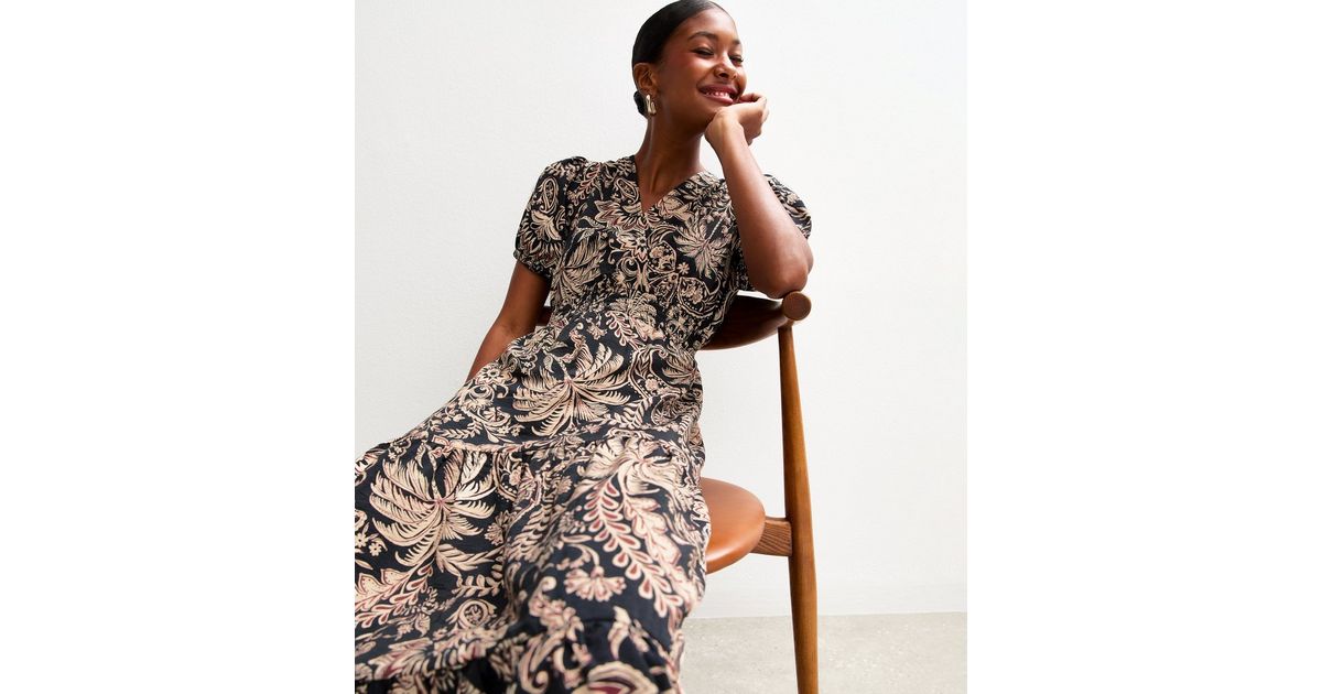 Black Palm Tree Print Midi Dress | New Look