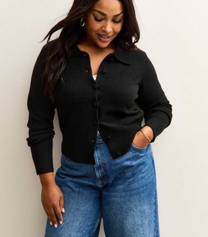 Curves Black Knit Collared Cardigan | New Look