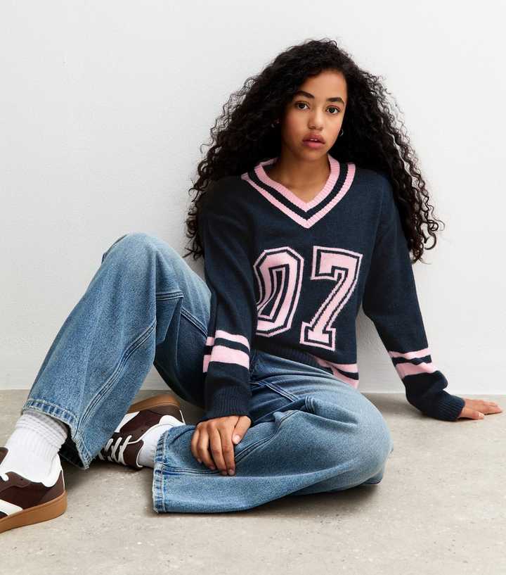 Girls Navy 07 Striped Football V -Neck Jumper | New Look