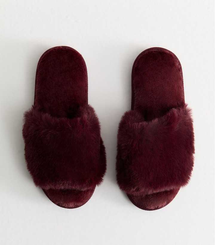 Dark Burgundy Faux Fur Slides | New Look