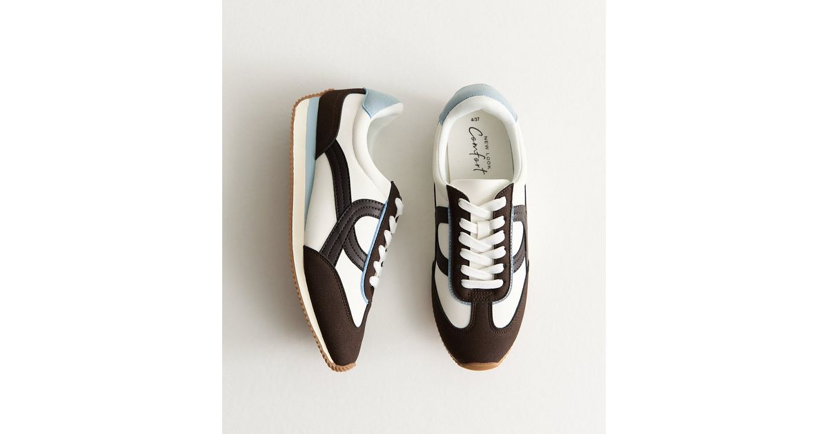 White and Brown Faux Leather Contrast Cross Panel Trainers | New Look