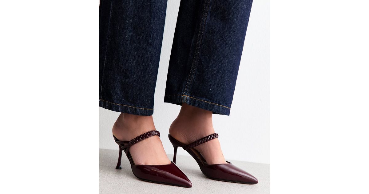 Burgundy Plaited Trim Point Toe Heeled Mules | New Look
