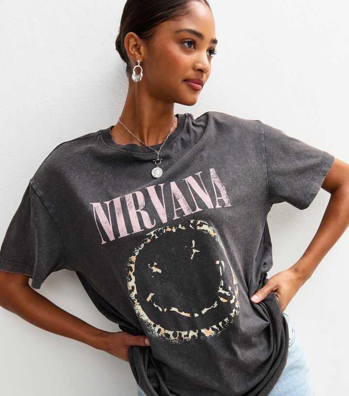 Dark Grey Leopard Nirvana Print Oversized Acid Wash T-Shirt | New Look