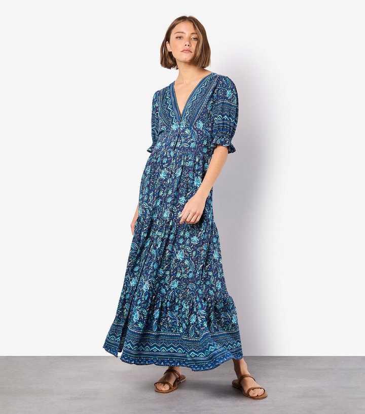 Apricot Blue Floral Border Print Midi Shirt Dress New Look