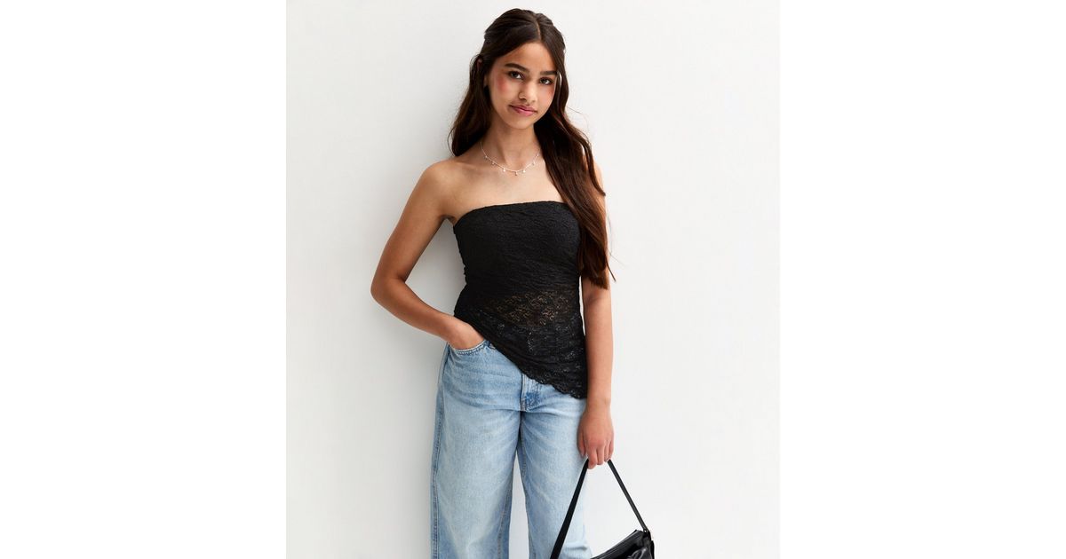 Girls Black Jersey Lace Asymmetric Bandeau Top | New Look