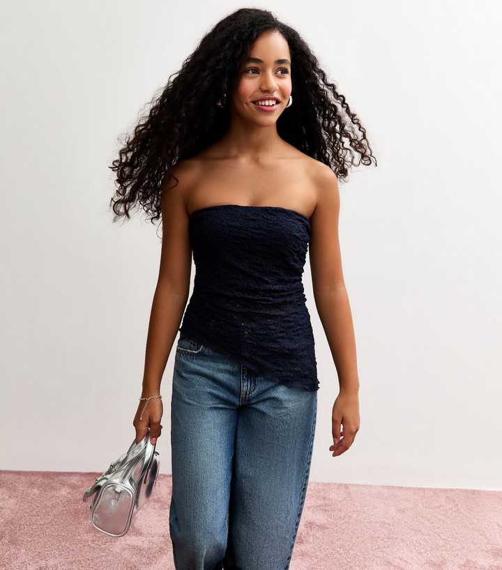 Girls Navy Jersey Lace Asymmetric Bandeau Top | New Look