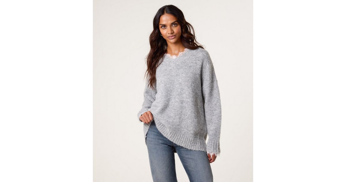 Blue Vanilla Grey Lace Trim V-Neck Jumper | New Look