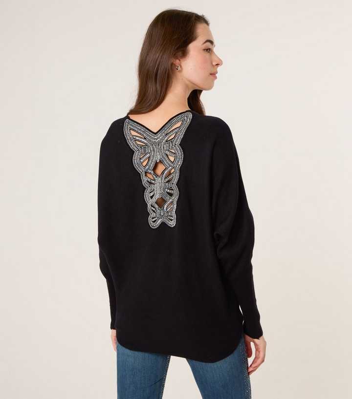Blue Vanilla Black Embellished Cut Out Back Batwing Jumper | New Look