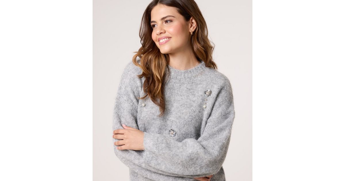 Blue Vanilla Grey Flower Embellished Jumper | New Look