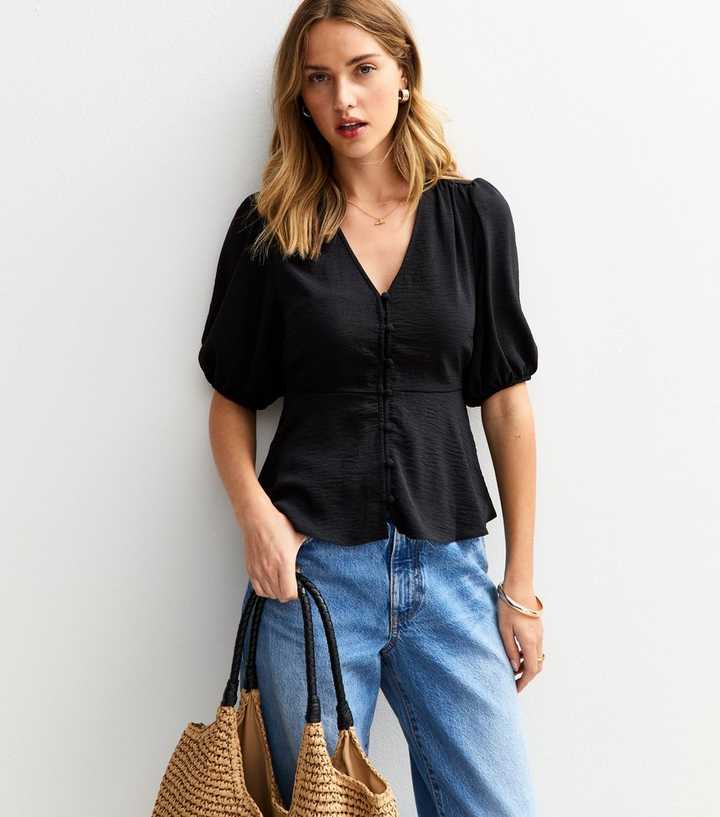 Black Crinkle Texture Button Detail Tea Blouse | New Look
