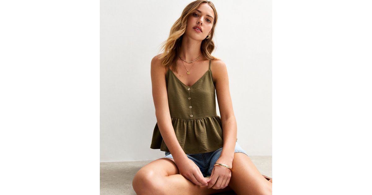 Dark Khaki Crinkle Texture Button Front Peplum Cami Top | New Look