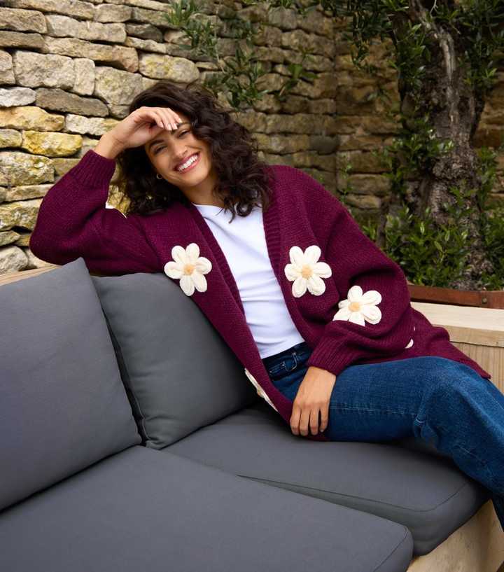 Blue Vanilla Burgundy Daisy Embroidered Cardigan | New Look