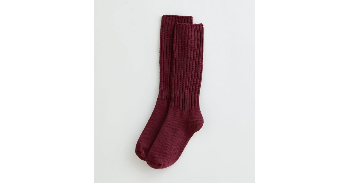 Dark Burgundy Ribbed Knit Slouch Socks | New Look