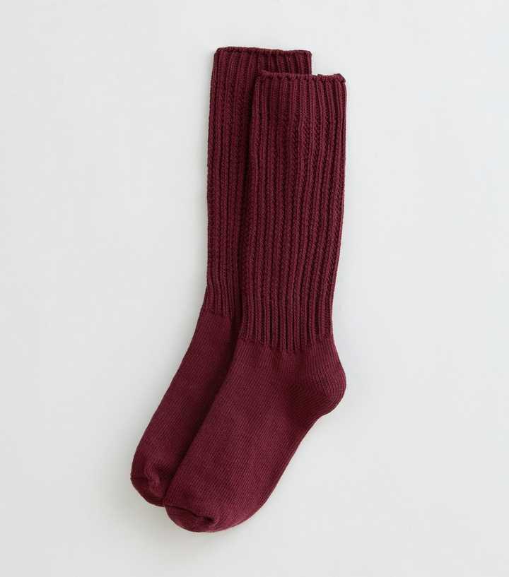 Dark Burgundy Ribbed Knit Slouch Socks | New Look