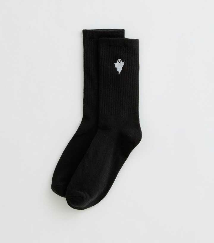 Black Halloween Embroidered Ghost Tube Socks | New Look