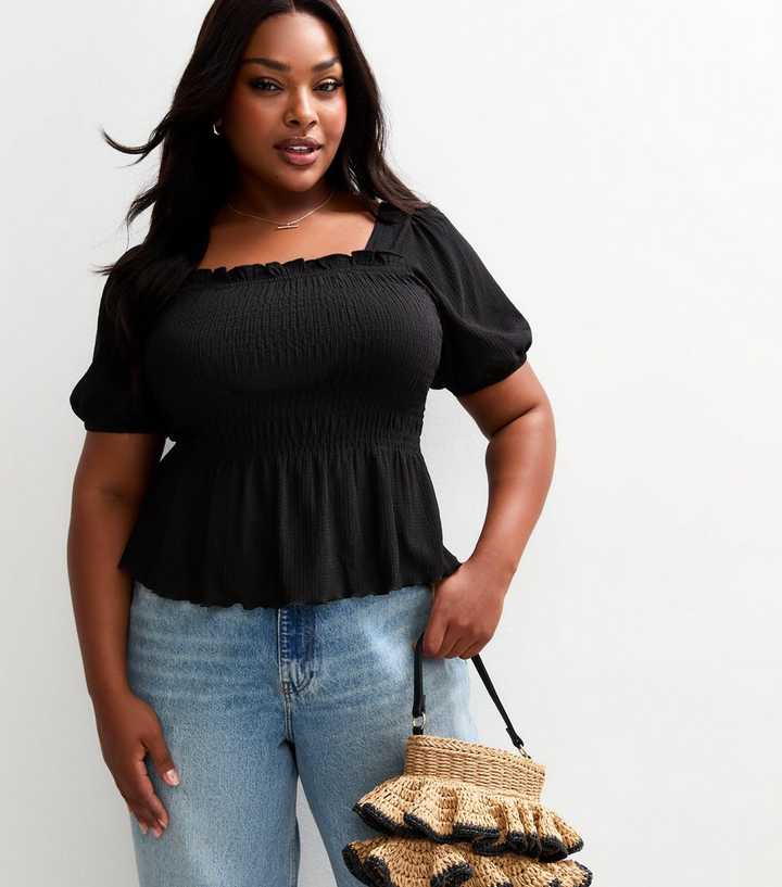 Curves Black Shirred Puff Sleeve Top | New Look