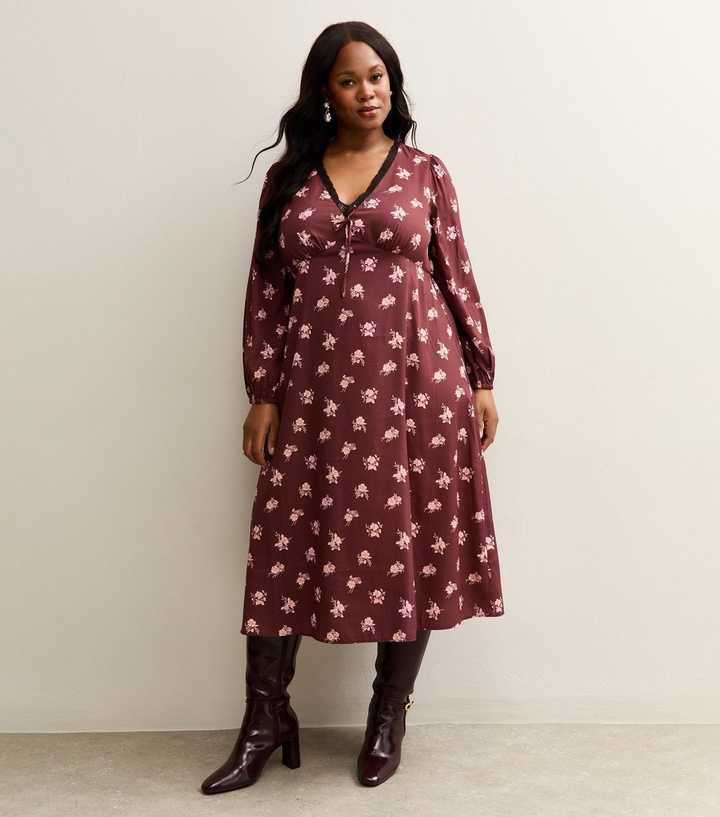 Curves Red Floral Print Lace Trimmed Midi Dress | New Look