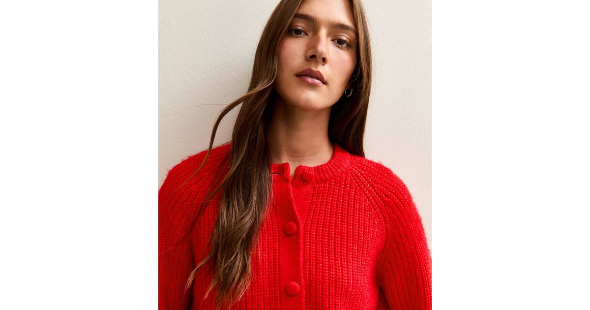 Bright Red Ribbed Knit Raglan Sleeve Cardigan | New Look