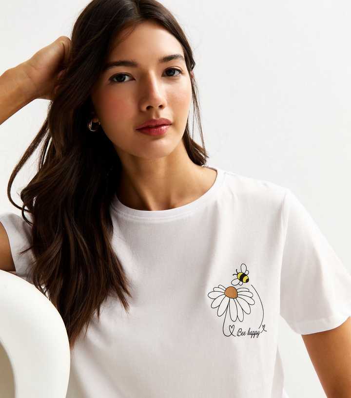 White Bee Happy Print Relaxed Fit T-Shirt | New Look