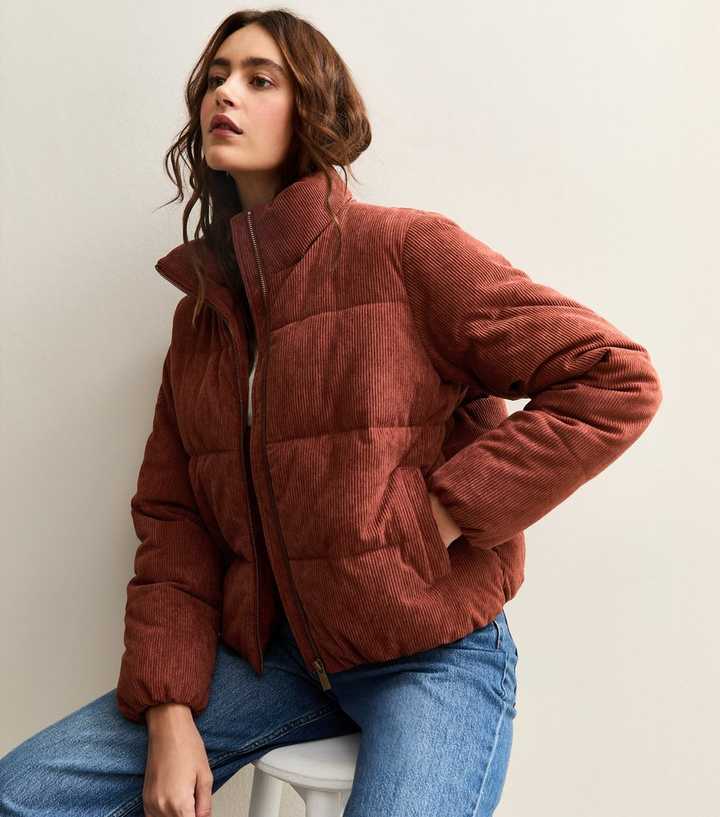 Rust Corduroy Cropped Puffer Jacket | New Look