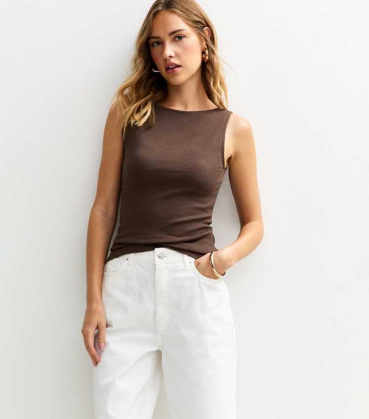 Dark Brown Ribbed Slash Neck Vest Top | New Look