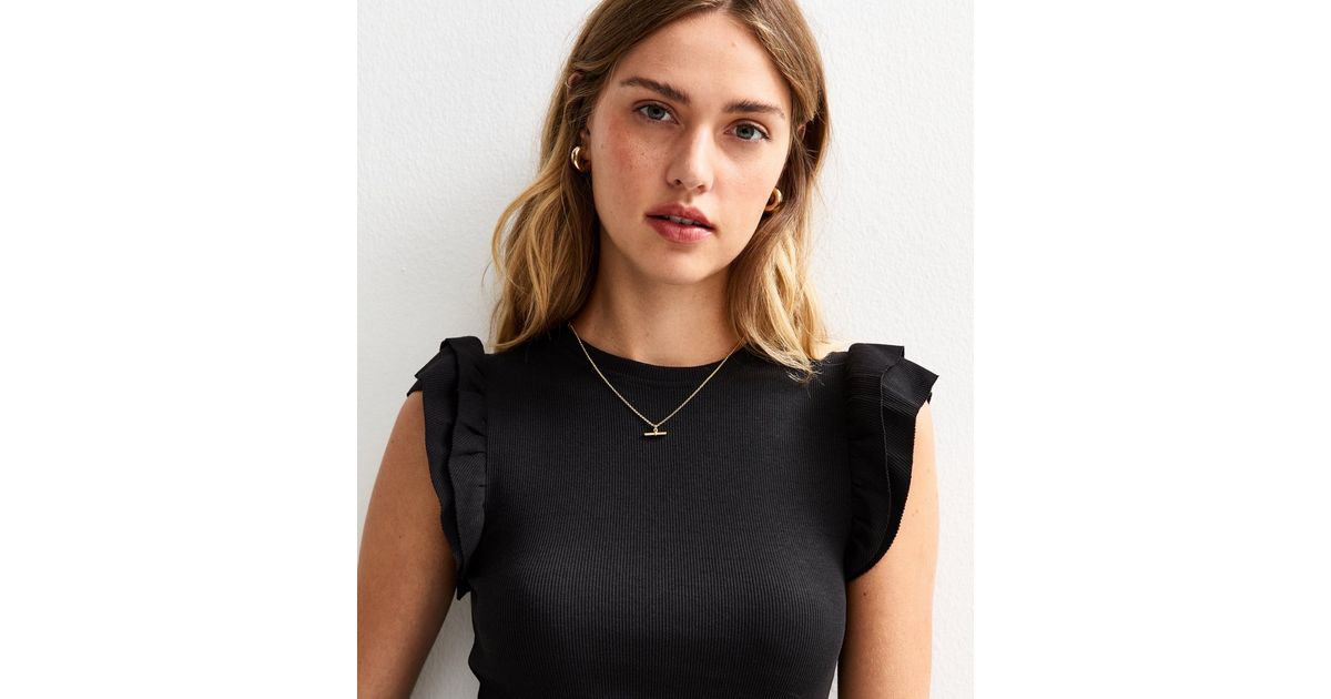 Black Ribbed Frill Sleeve Vest | New Look