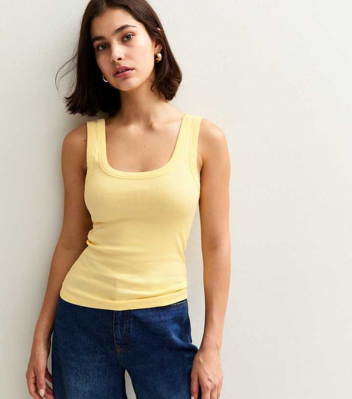 Light Yellow Wide Strap Scoop Neck Ribbed Vest | New Look