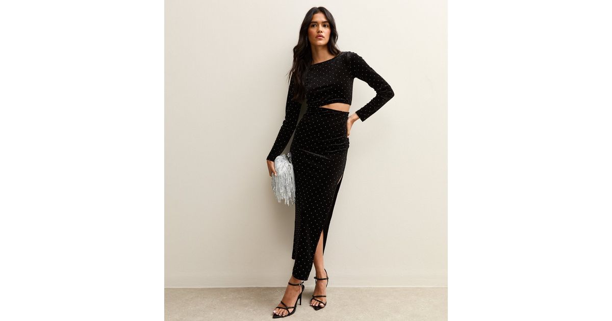 Black Diamante Embellished Side Slit Velvet Maxi Dress | New Look