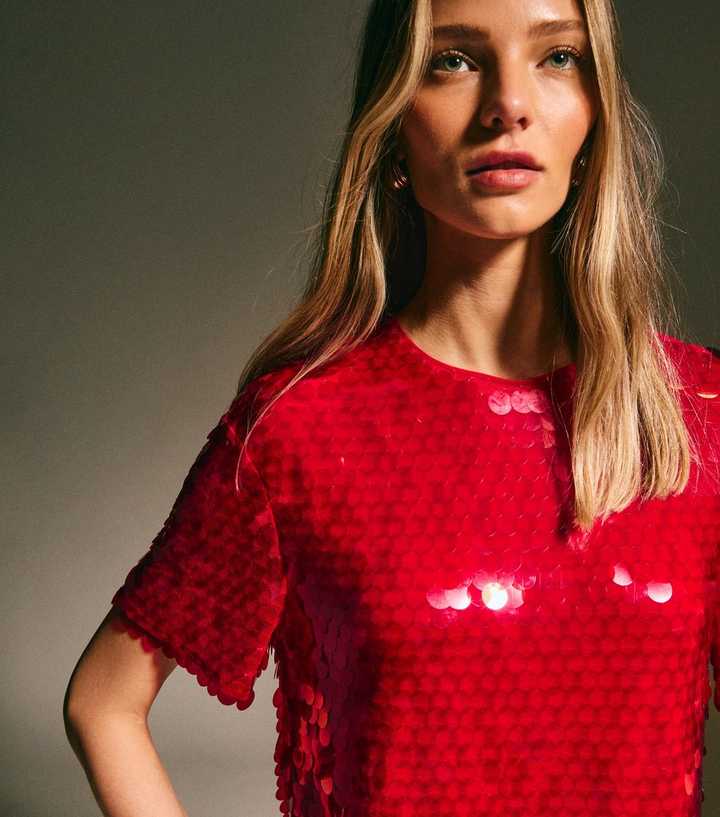 Bright Red Sequinned Short Sleeve Top | New Look