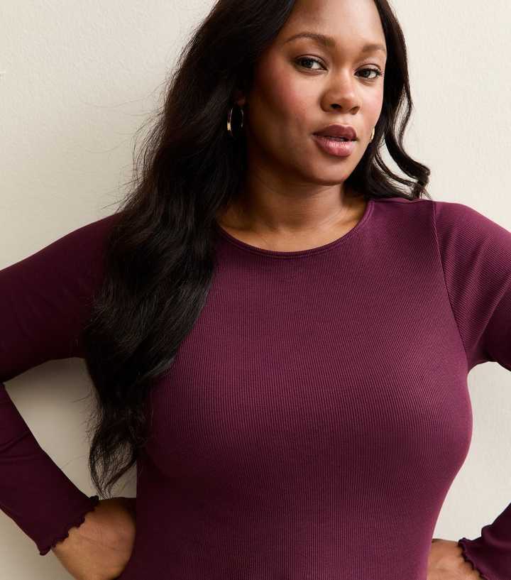 Curves Dark Burgundy Long Sleeve Frilly Trim Top | New Look