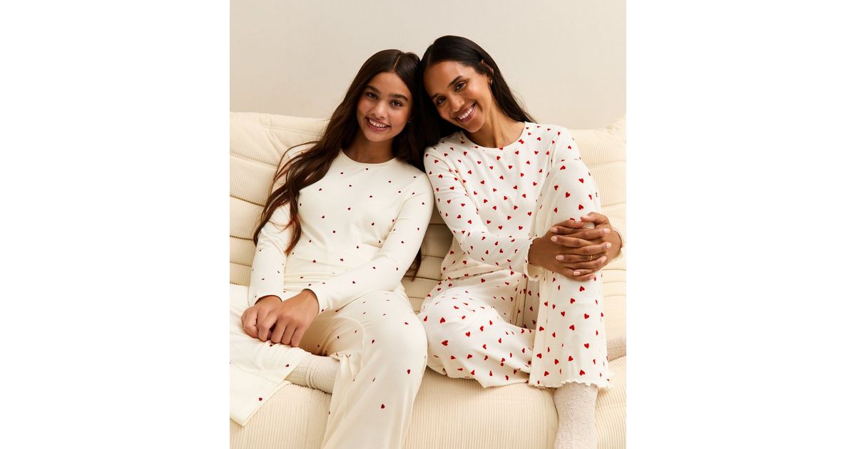White Heart Print Long Sleeve Top and Trousers Pyjama Set | New Look