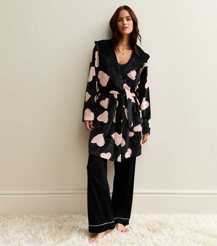 Black Hooded Heart Print Robe | New Look