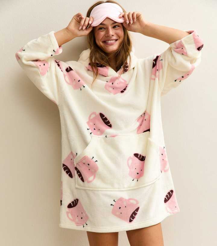 White Oversized Hot Choc Print Fleece Hoodie | New Look