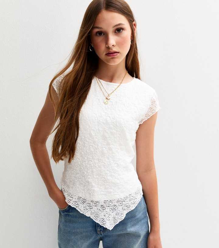 Girls White Asymmetric Lace Top | New Look