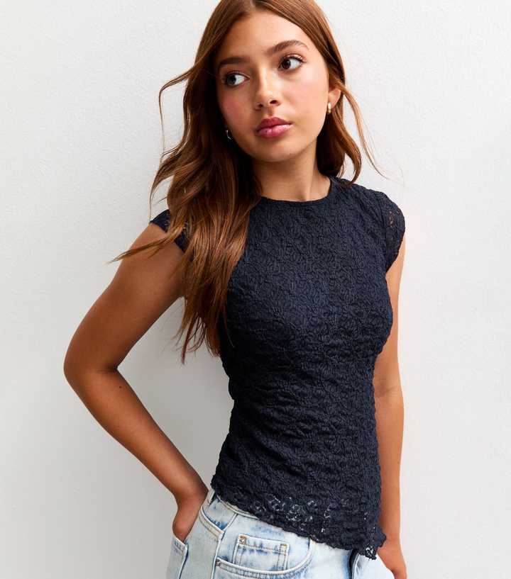 Girls Navy Asymmetric Lace Top | New Look