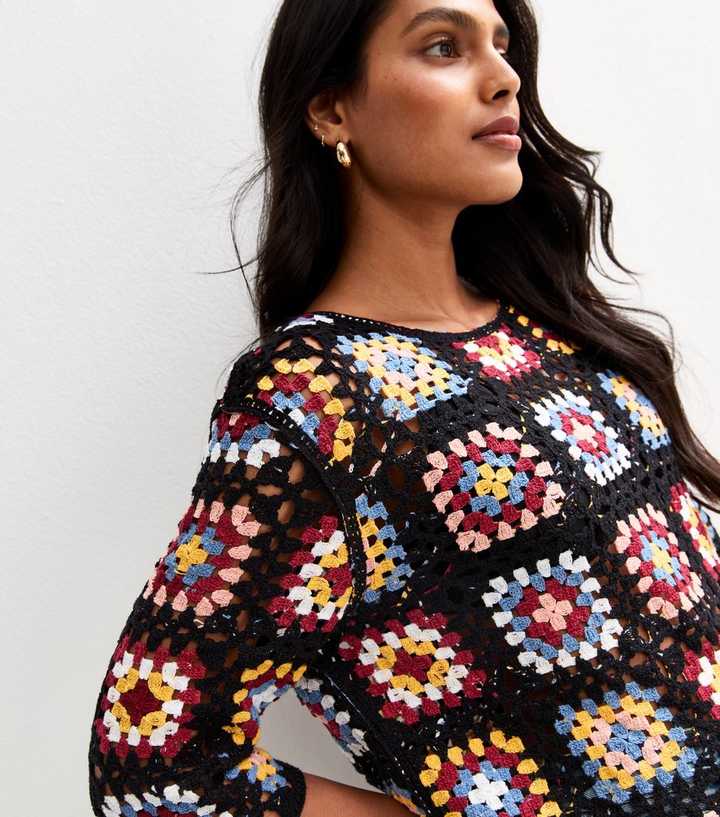Sunshine Soul Black Crochet Patchwork Pattern Jumper | New Look