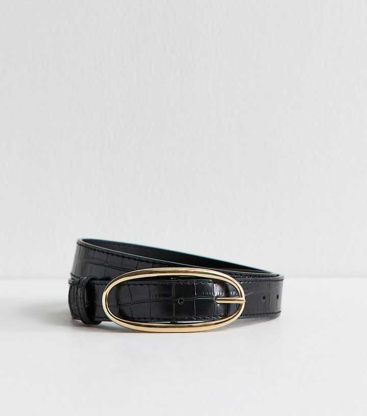 Black Faux Leather Croc Embossed Oval Buckle Belt | New Look