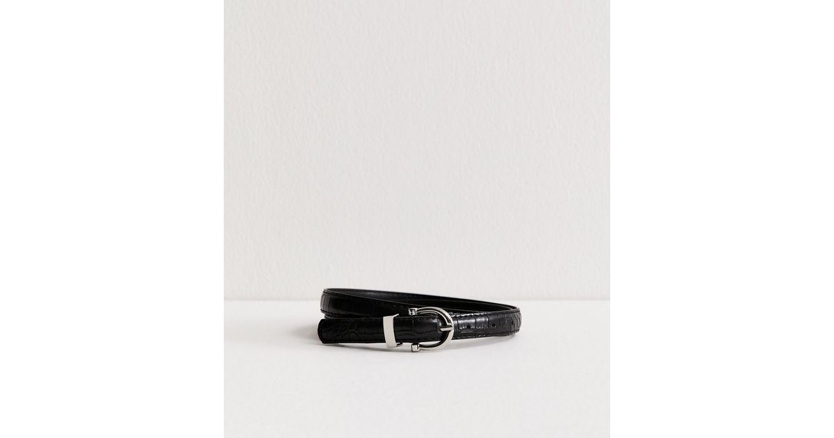 Black Faux Leather Croc Embossed Skinny Belt | New Look