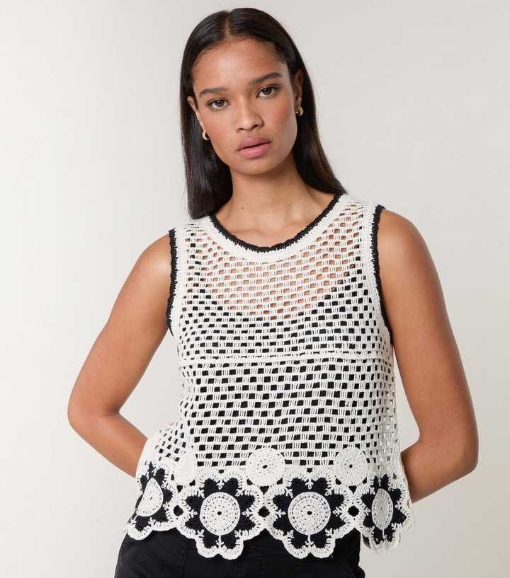 Blue Vanilla Black Flower Crochet Knit Top | New Look