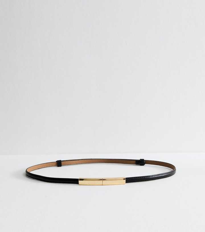 Black Faux Leather Bar Trim Skinny Belt | New Look