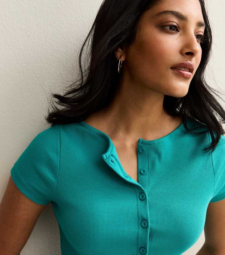 Teal Ribbed Button Up Baby Tee | New Look
