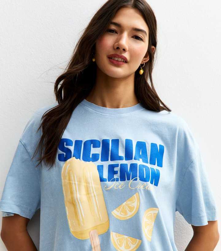 Blue Oversized Cotton Lemon Print T-Shirt | New Look