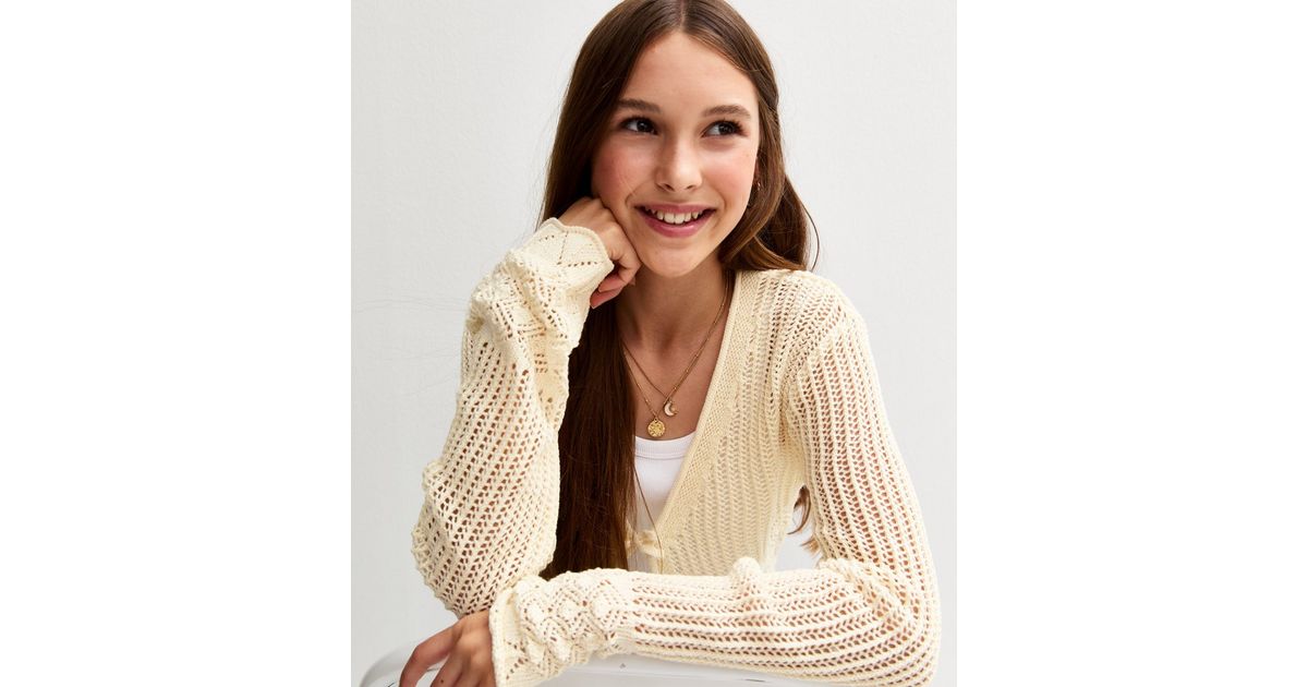 Girls Cream Open Knit Flared Sleeve Cardigan | New Look