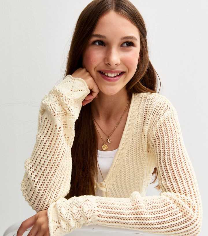 Girls Cream Open Knit Flared Sleeve Cardigan | New Look