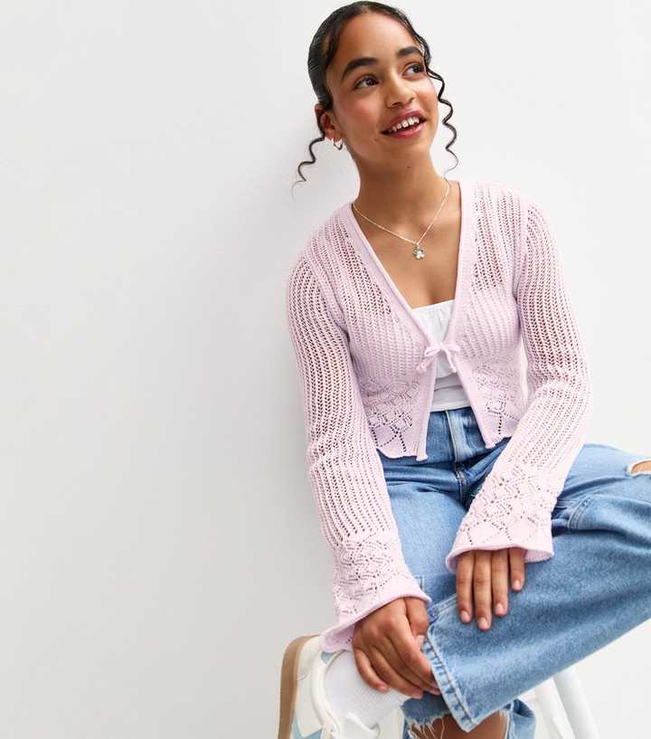 Girls Lilac Open Knit Flared Sleeve Cardigan | New Look